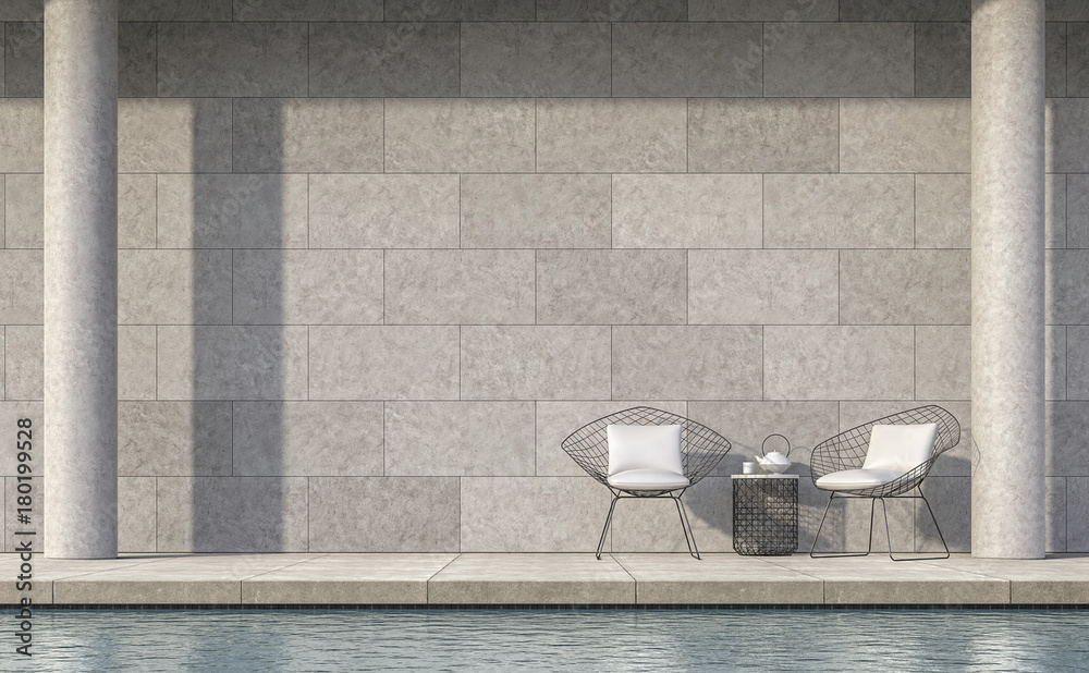Modern loft style pool terrace 3d rendering image.The room has polished ...