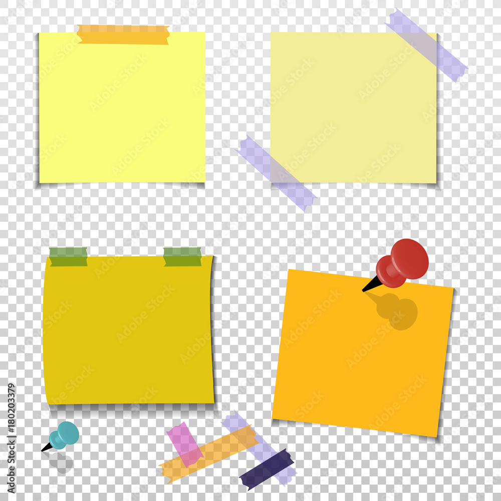 Set office Yellow paper note with sticky tape, isolated on transparent ...