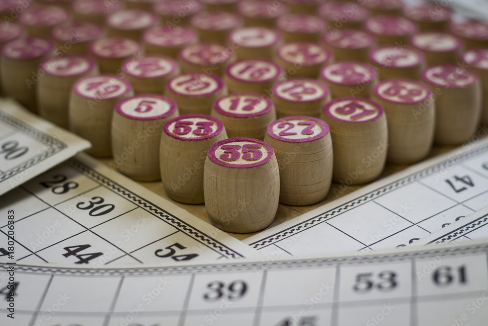 Bingo. Lotto. Bingo cards, wooden antique bingo balls Stock Photo ...
