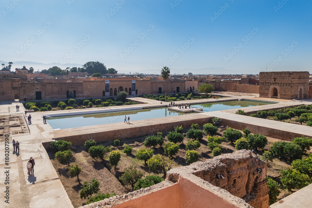 Top view of El Badi Palace and gardens, built in 16th century ...