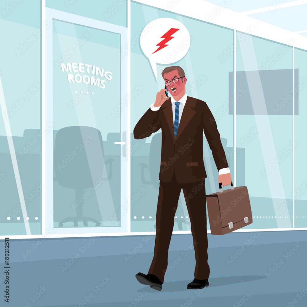 Angry businessman in business suit goes in office with briefcase in his ...