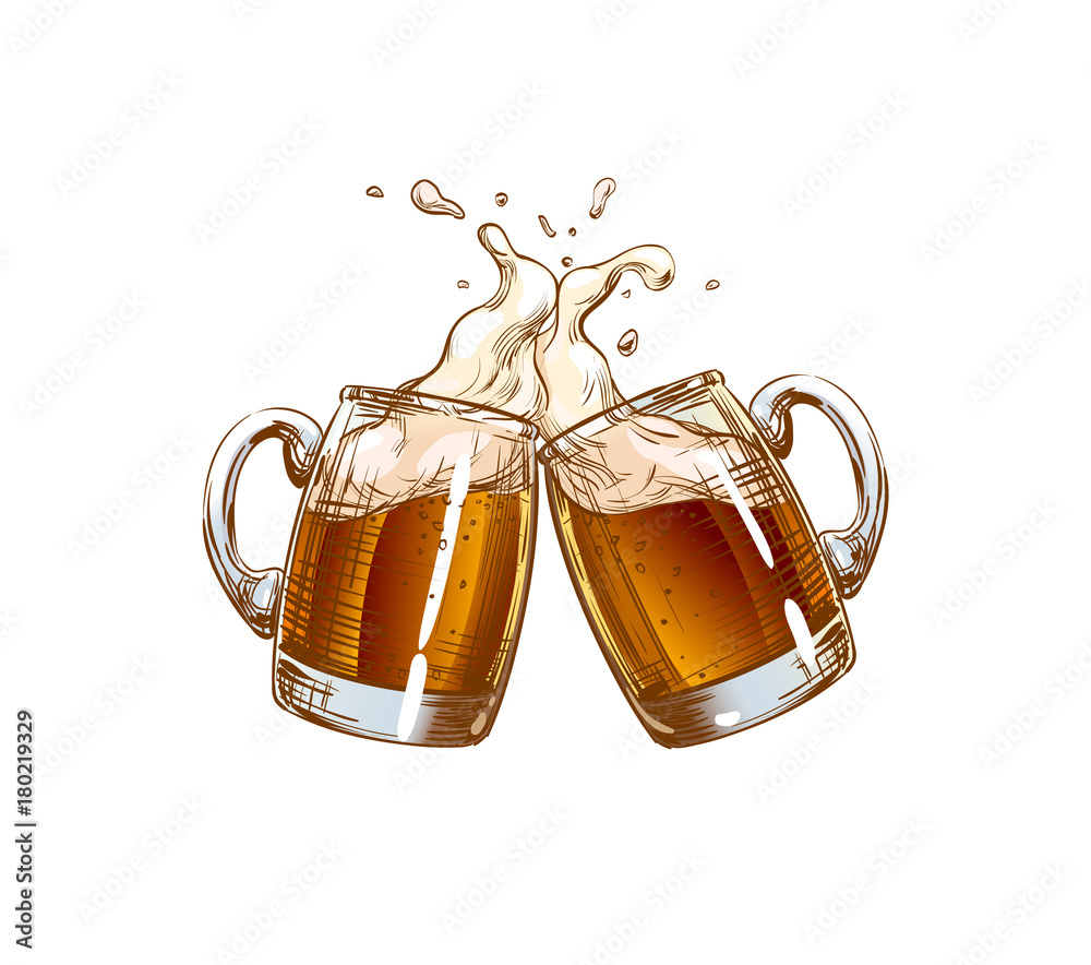 Vecteur Stock Two Mugs of Beer clink at a toast with a splash of beer ...