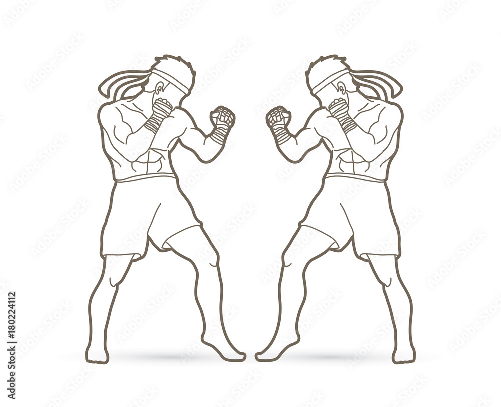 Muay Thai, Thai boxing standing ready to fight action outline graphic ...
