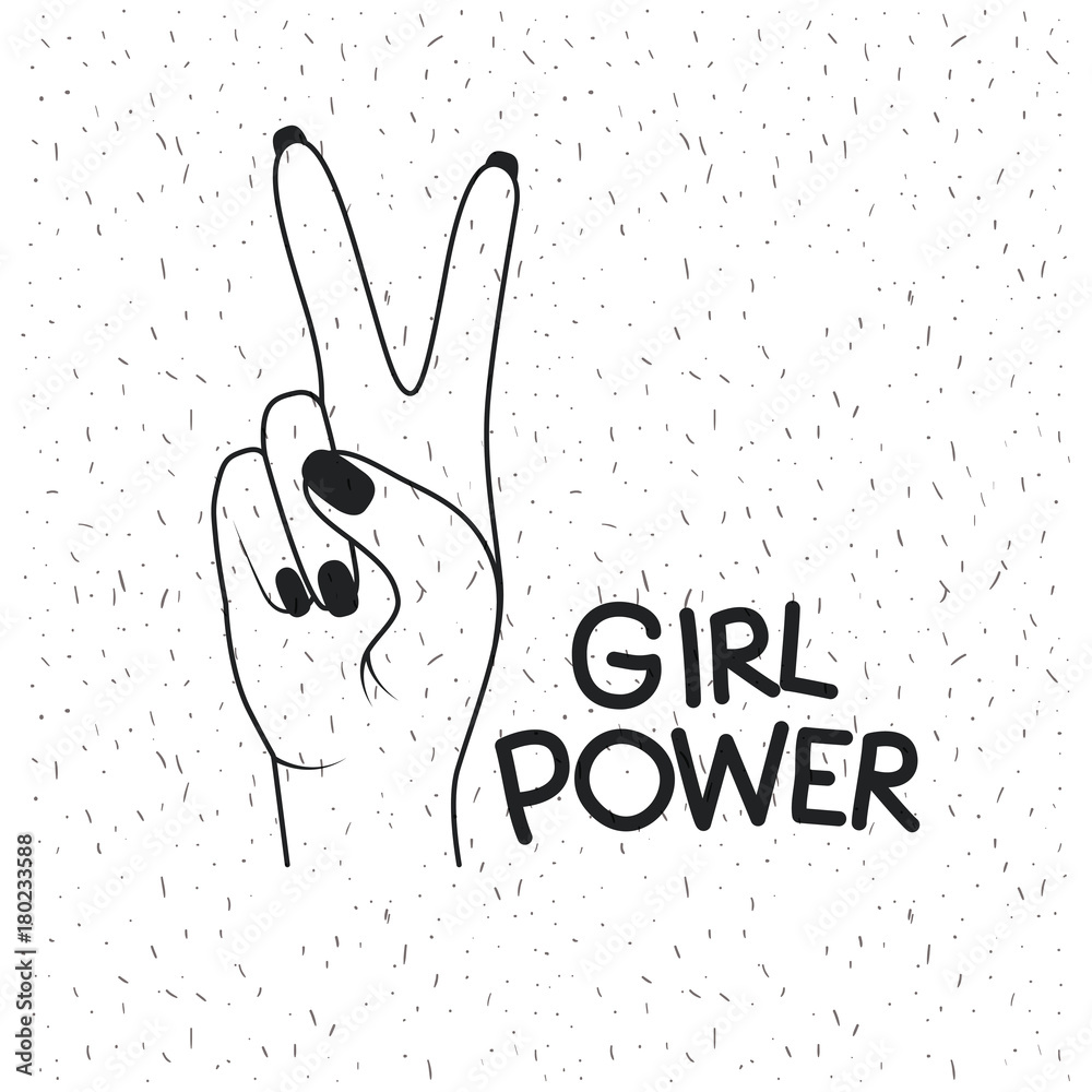 girl power poster text and hand making victory sign in black silhouette ...