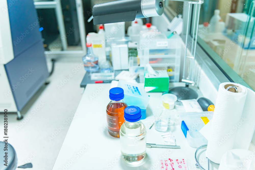 Equipment for science experiments on the laboratory table. Stock Photo ...