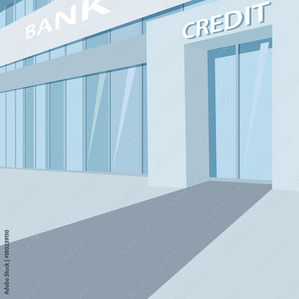 Exterior of the bank building facade, with glass wall and door, with ...