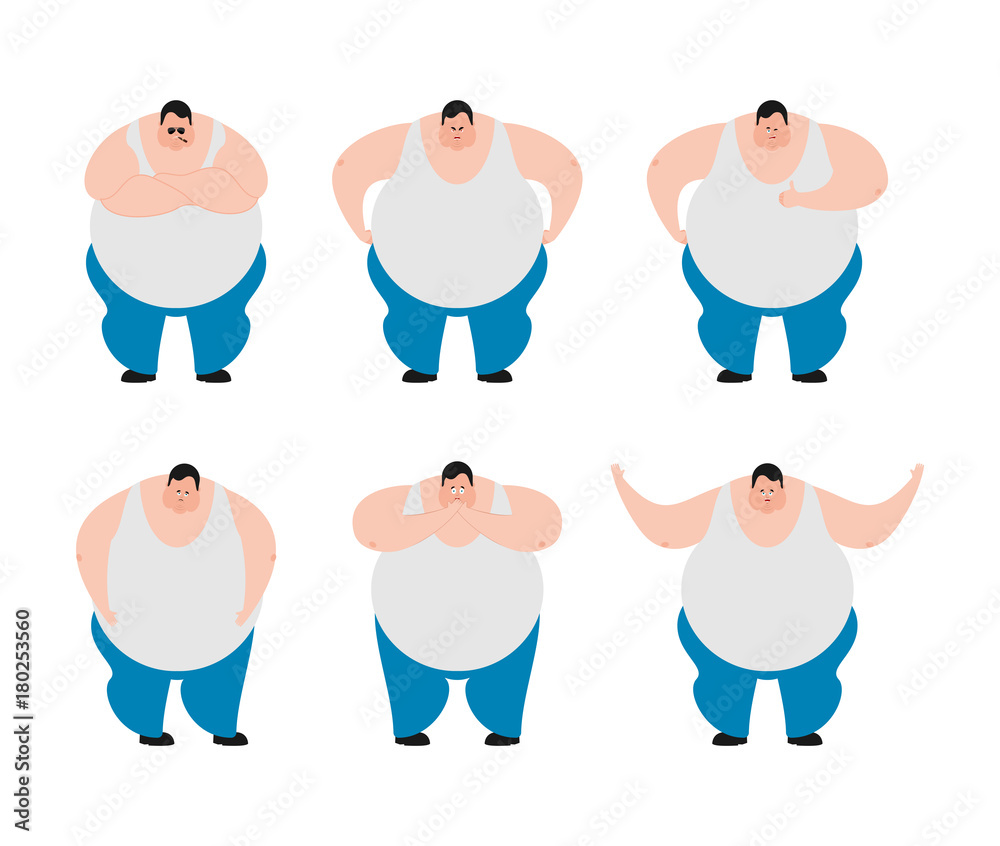 Fat set poses and motion. Stout guy happy and yoga. Big man sleeping ...