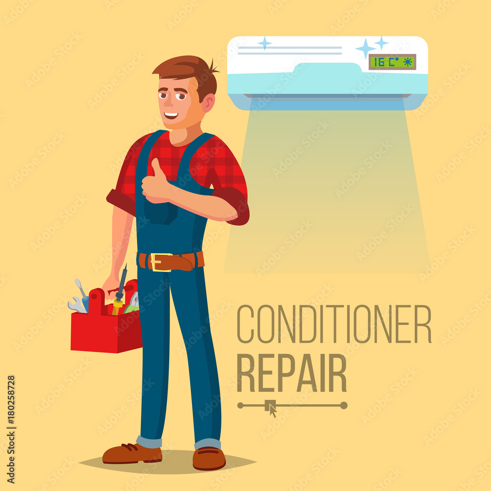 Professional Air Conditioner Repair Vector. Man Electrician Installing ...