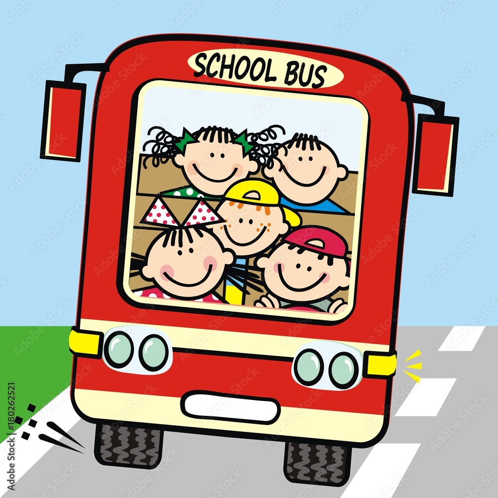 Red school bus and happy kids, funny vector illustration. The coach ...