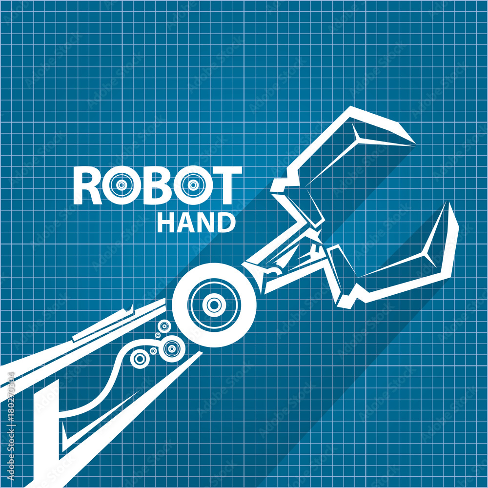 vector robotic arm symbol on blueprint paper background. robot hand ...