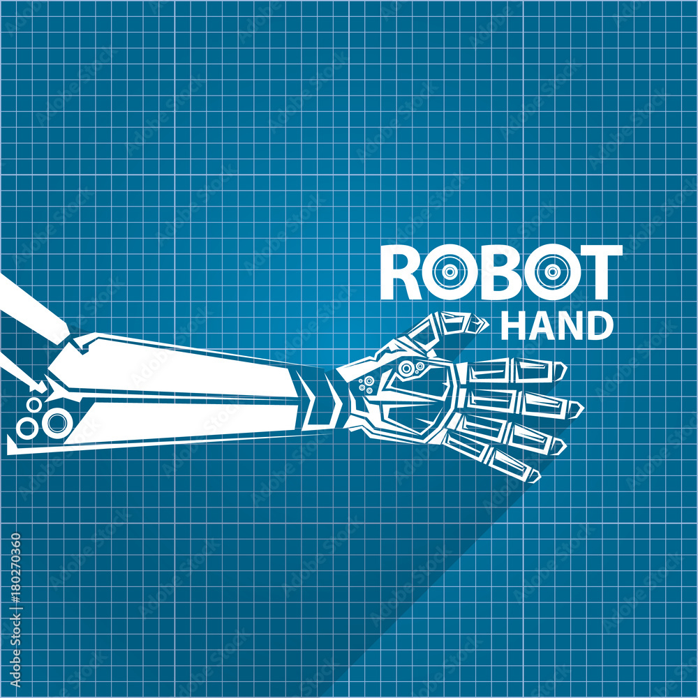 vector robotic arm symbol on blueprint paper background. robot hand ...