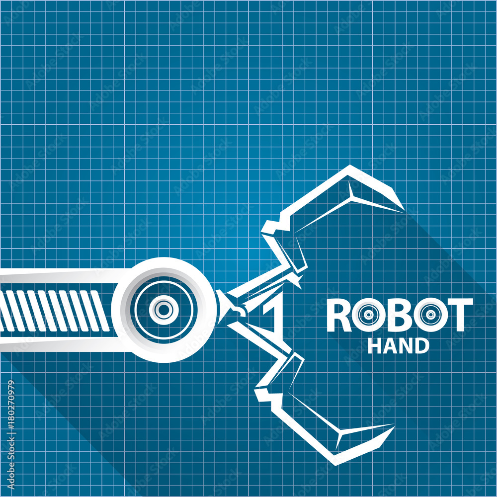 vector robotic arm symbol on blueprint paper background. robot hand ...