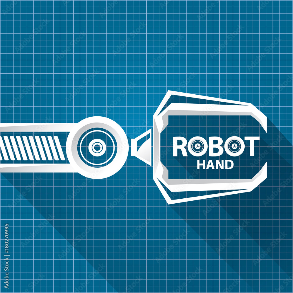 vector robotic arm symbol on blueprint paper background. robot hand ...