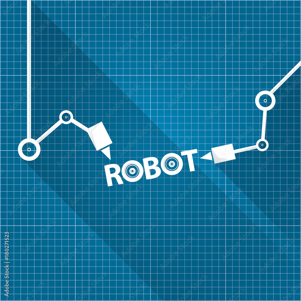 vector robotic arm symbol on blueprint paper background. robot hand ...