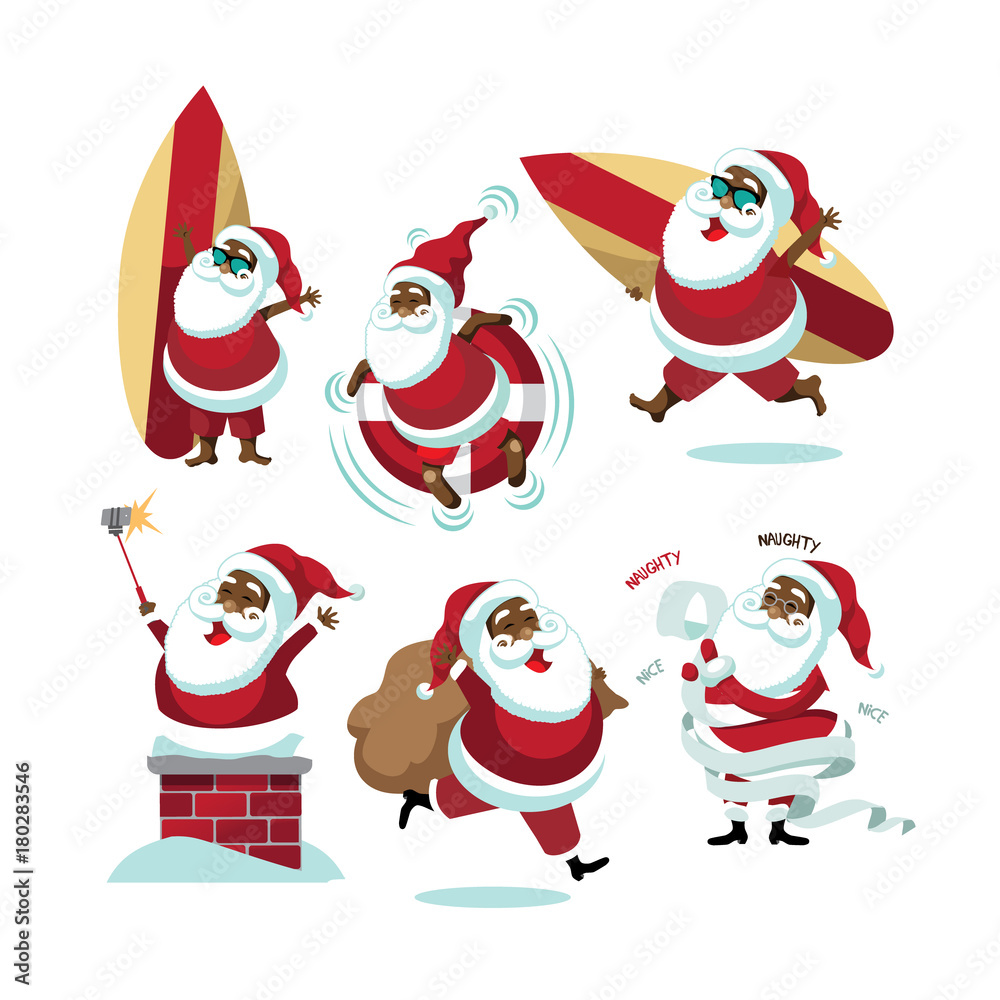 Cartoon Black Santa Claus collection. delivering gifts. Christmas ...