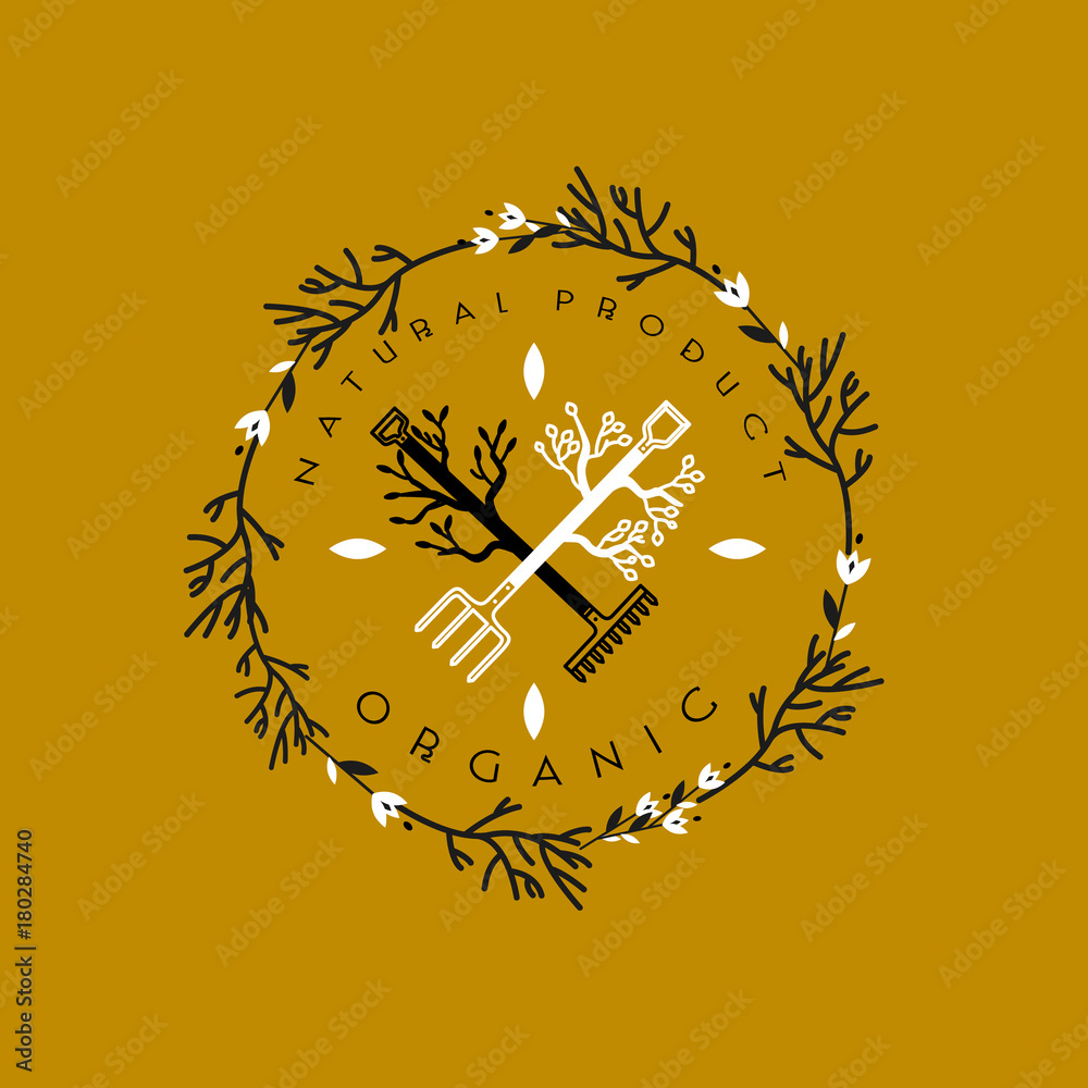 Logo for organic food store,gardering. Pitchfork and rake in the ...