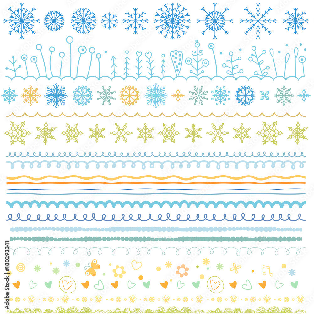 Seamless vector borders set. Christmas doodle patterns, symbols ...