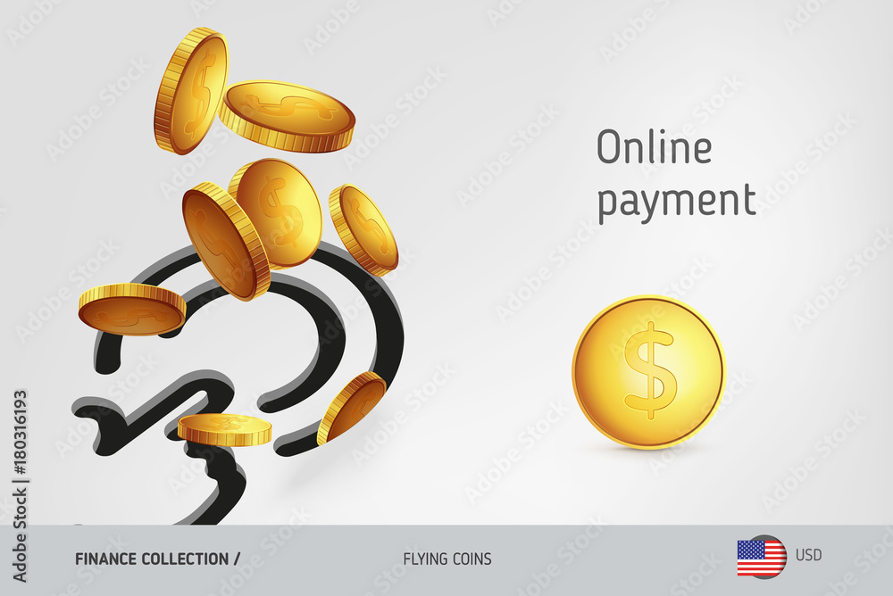 US Dollar coins. Button icon with flying United States Dollar coins ...