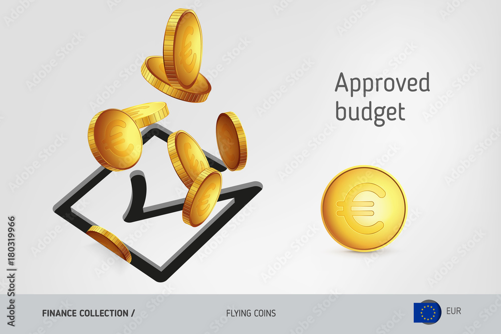 Euro coins. Square check mark icon with flying Euro coins, finance ...