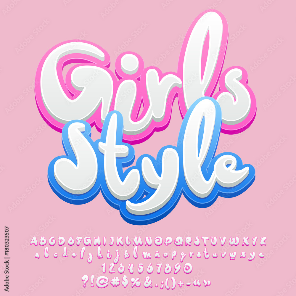 Vector pink sweet banner Girls style. Set of soft Alphabet letters ...