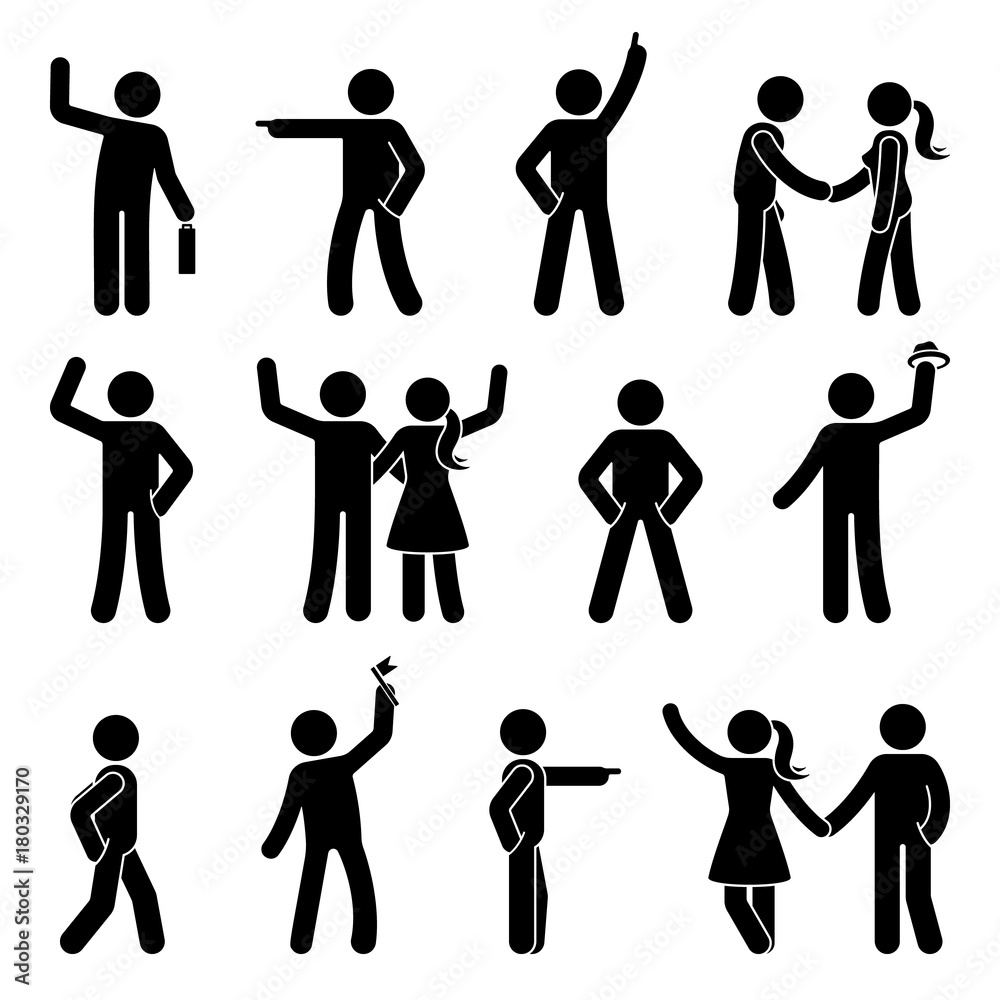 Stick figure different arms position set. Pointing finger, hands in ...