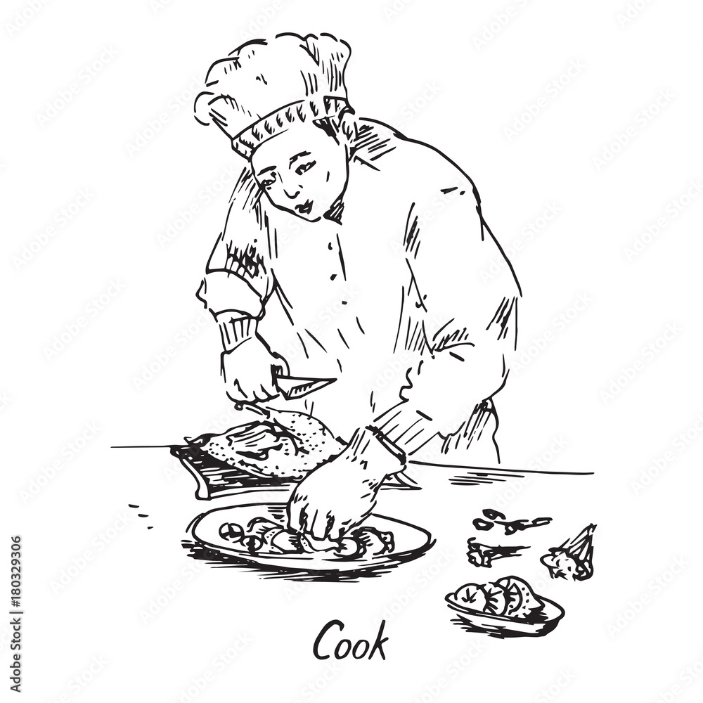 Cook at work, cutting duck and put slices on plate, hand drawn doodle ...