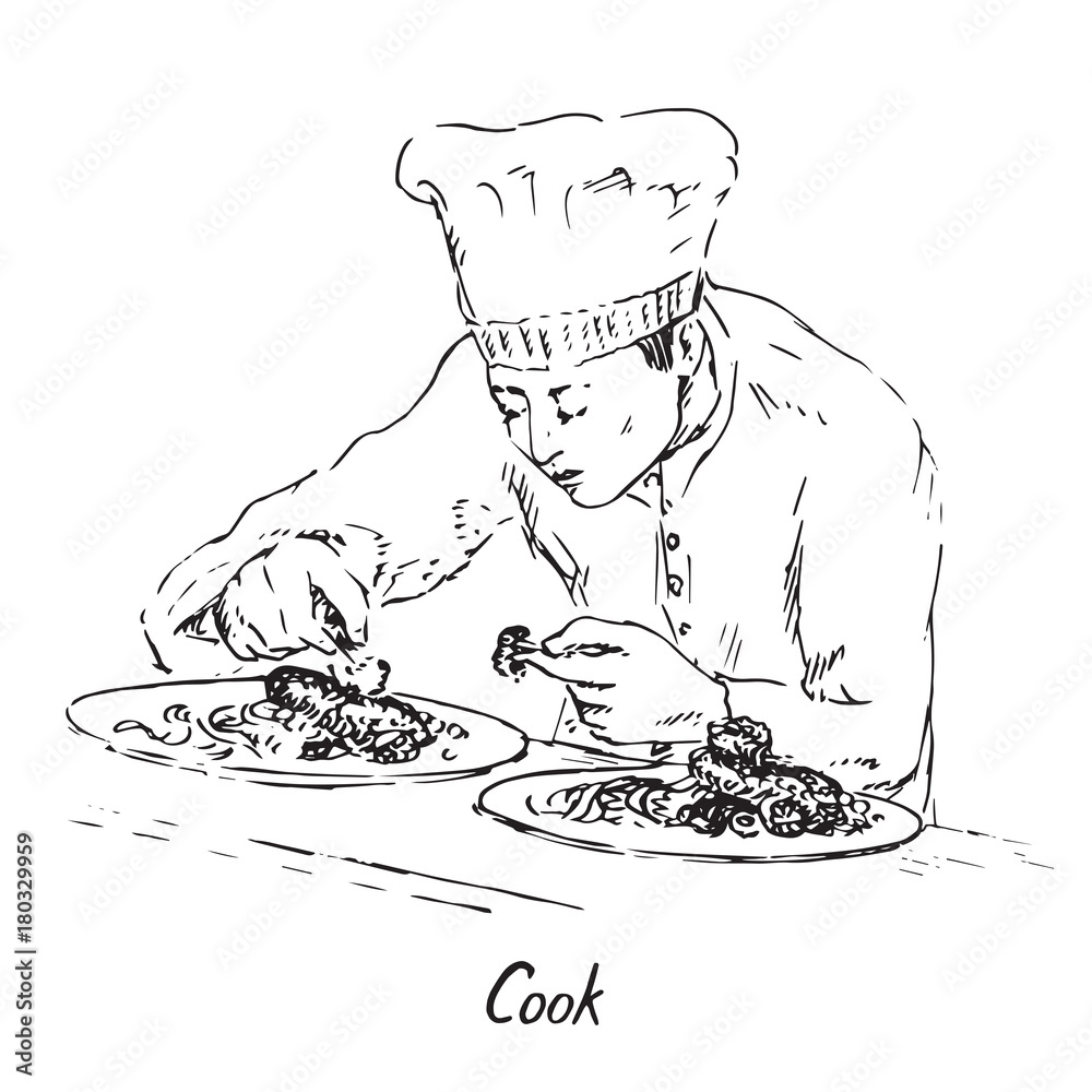 Cook at work, decorate with greens steak, hand drawn doodle, sketch in ...