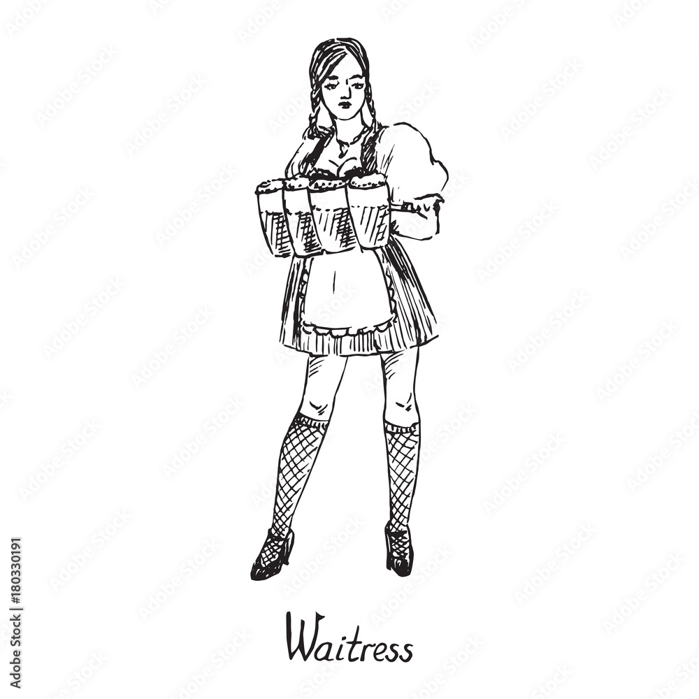 Waitress at work, holding glasses with beer , hand drawn doodle, sketch ...
