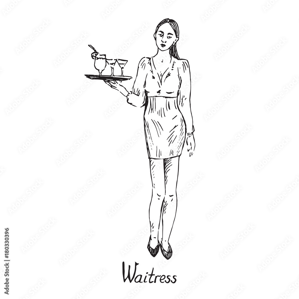 Waitress at work, holding tray with cocktails, hand drawn doodle ...