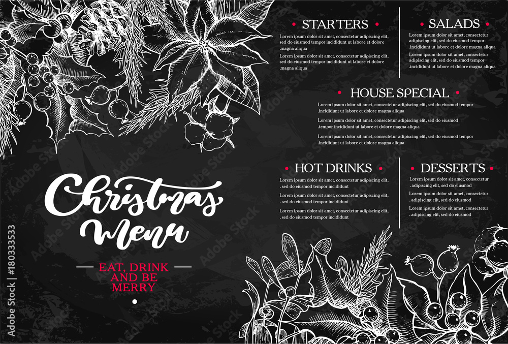 Christmas menu. Chalkboard restaurant and cafe template. Vector hand ...