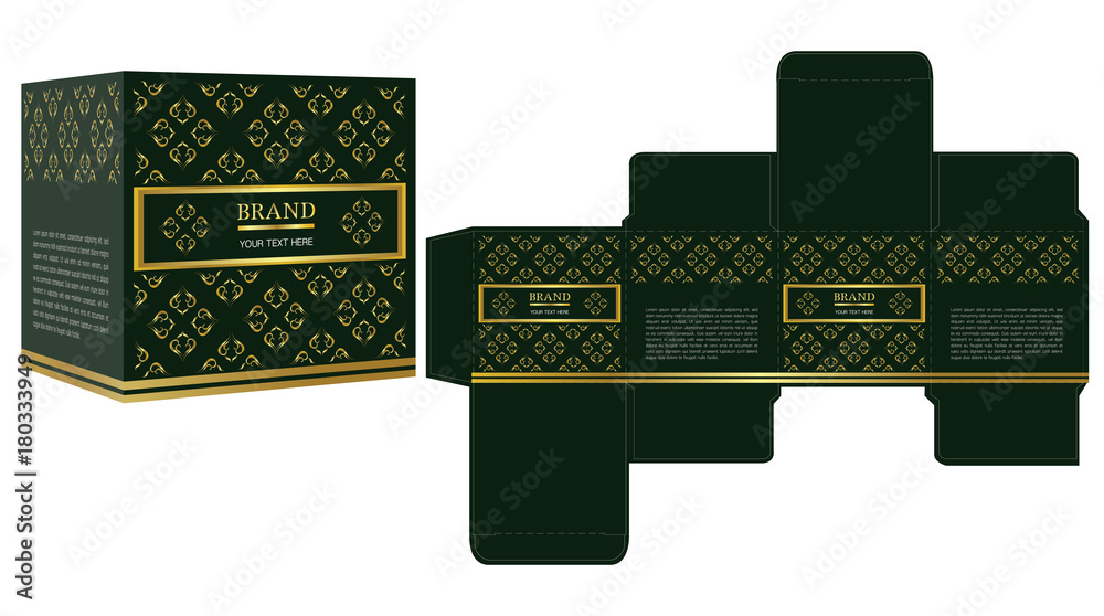 Packaging design, green and gold luxury box design template and mockup ...