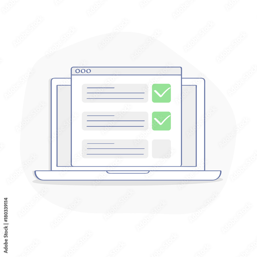 Checklist on laptop display, checkboxes with check mark. List of ...