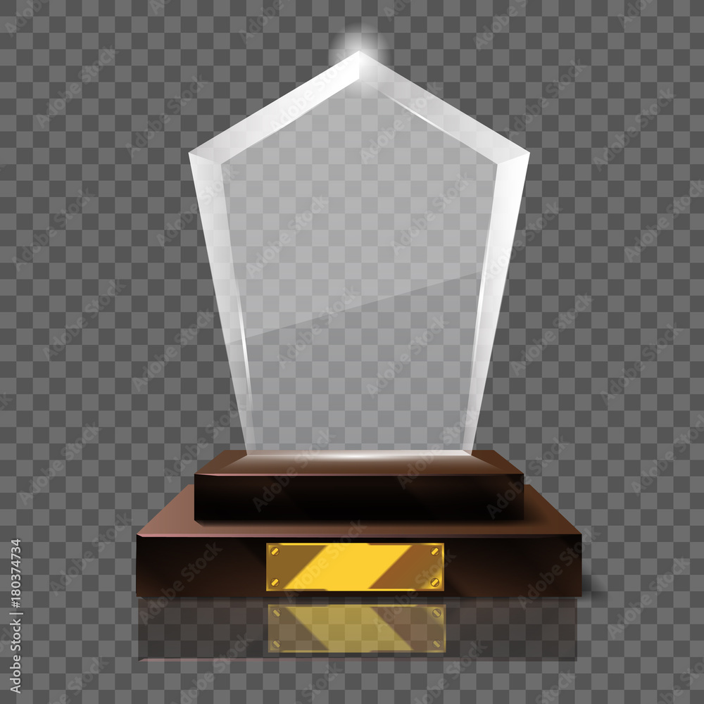 Empty realistic glass trophy statue with empty golden board ...