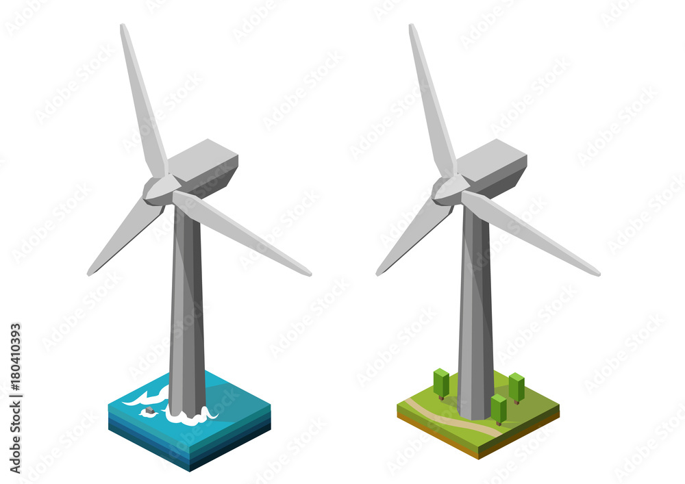 Wind turbine onshore and offshore vector isometric illustration Stock ...