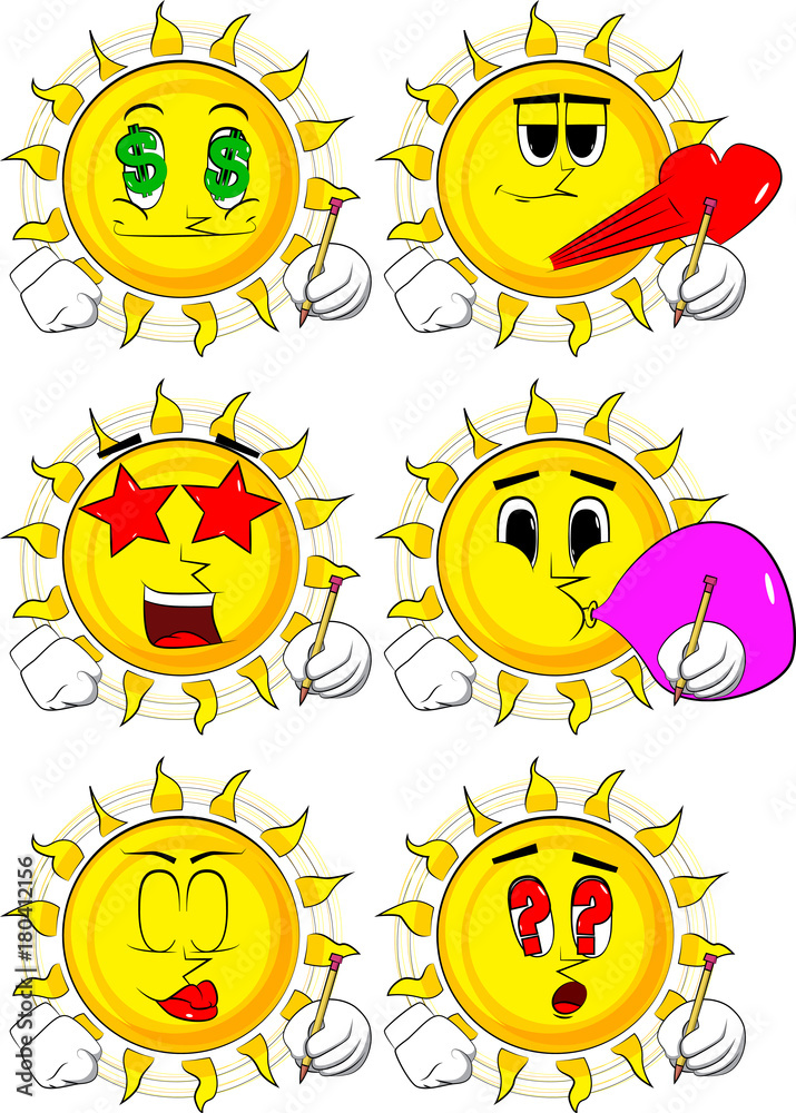 Cartoon sun writing with pencil. Collection with various facial ...