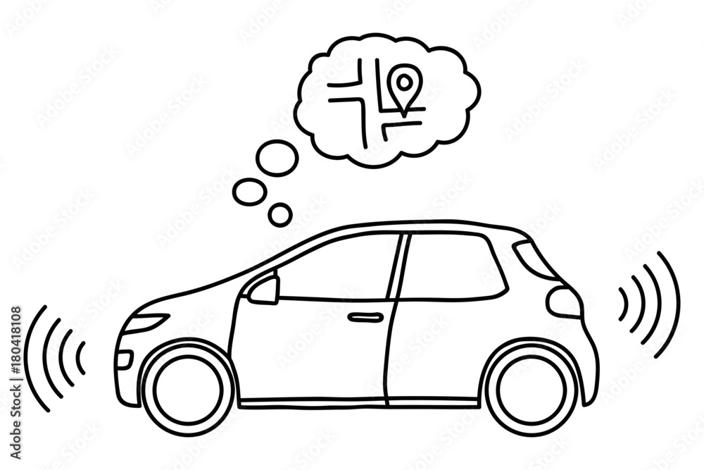 Hand drawn doodle of a self driving, driverless car with sensor and map ...