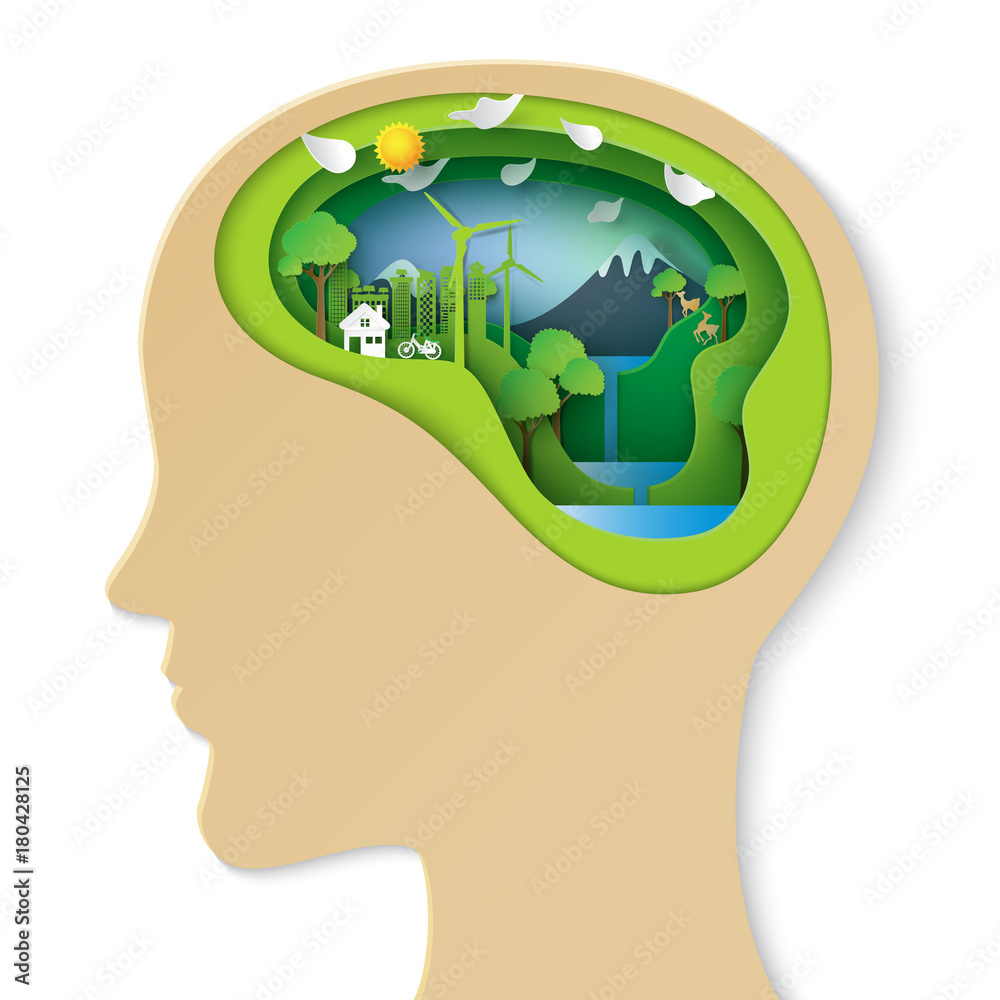 Think green creative idea concept.Human head thinking about green eco ...