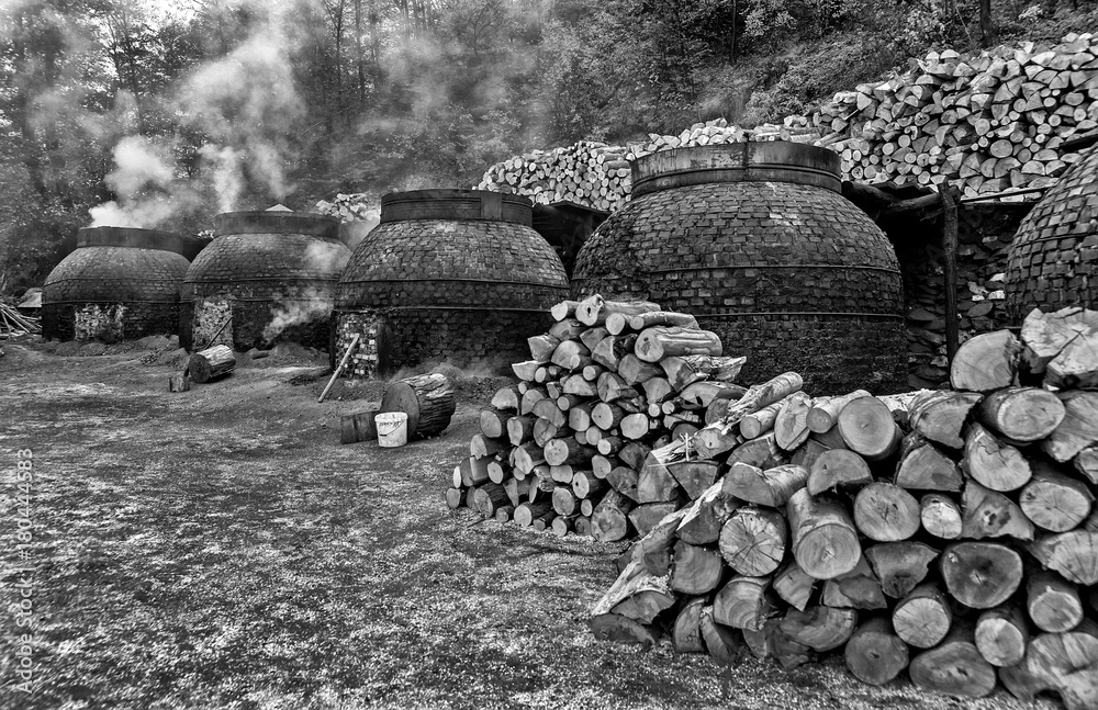 The production of charcoal in a traditional manner in the forest Stock ...