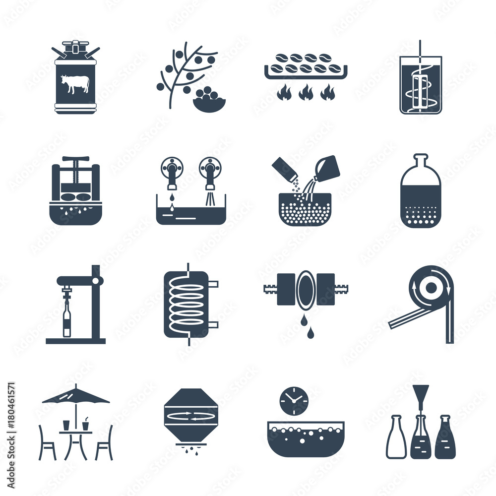 set of black icons drinks and beverages production process Stock Vector ...