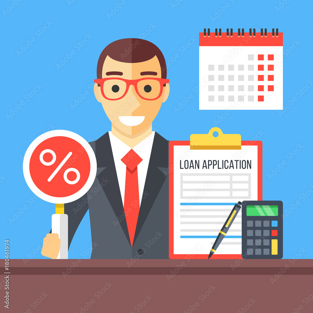 Loan application interview. Man in suit with magnifying glass and ...