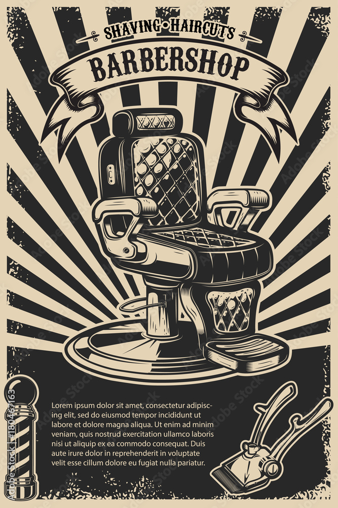 Barber shop poster template. Barber chair and tools on grunge ...