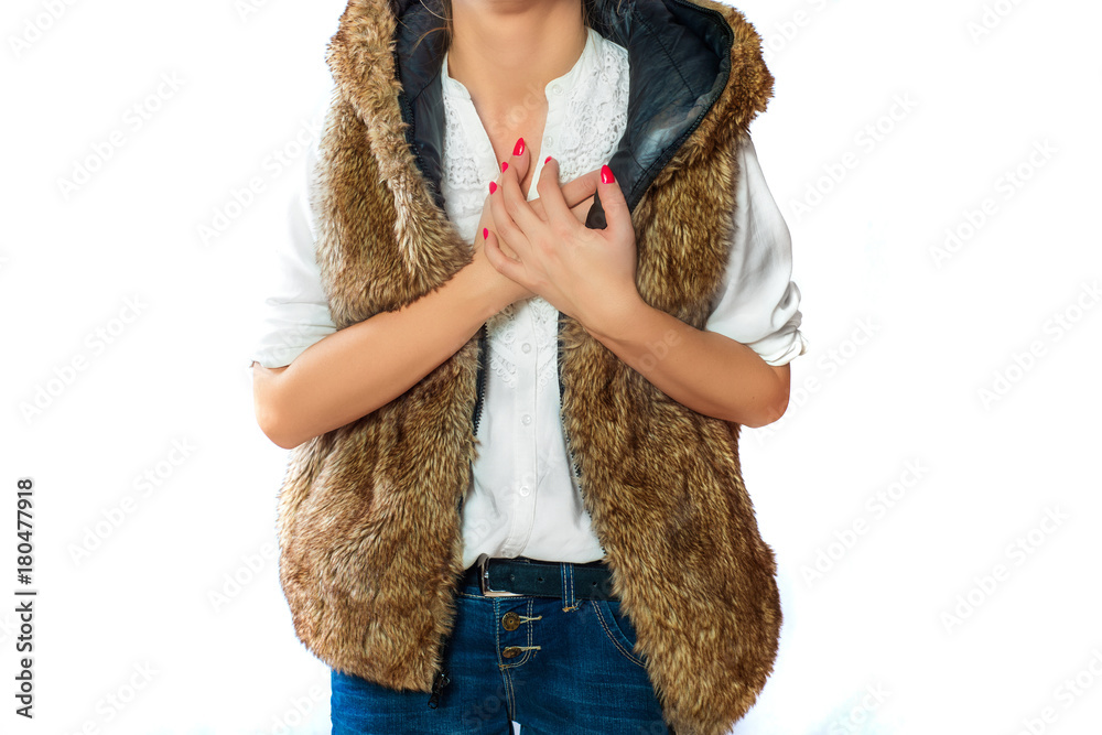 The woman is holding her heart. Myocardial infarction, chest pain ...