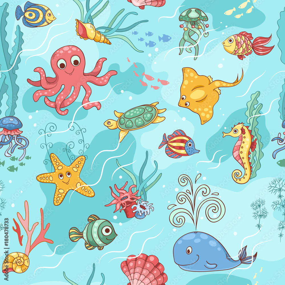 Sea life pattern blue Stock Vector | Adobe Stock
