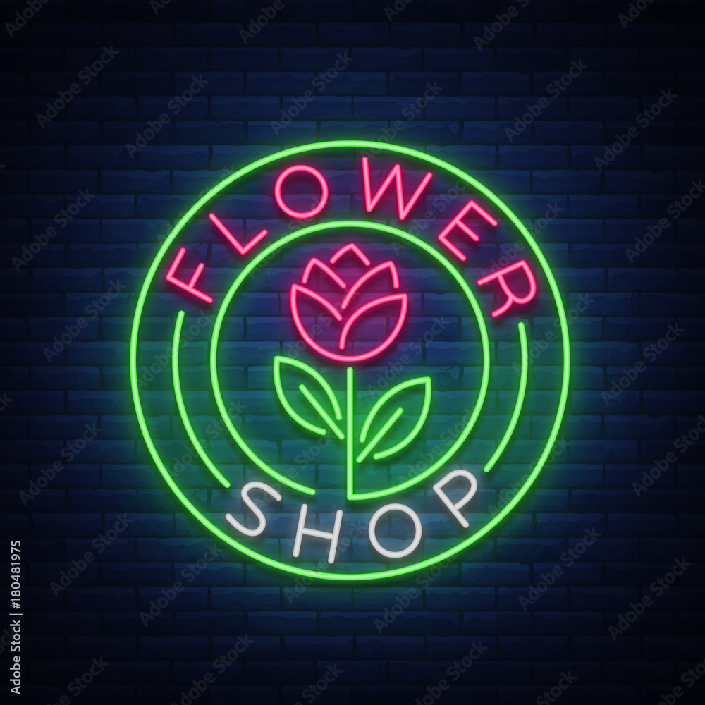 Flower shop logo, neon sign. Vector illustration on the theme of ...