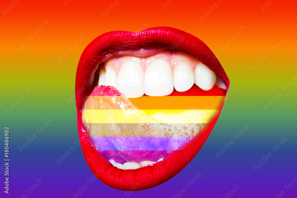 Rainbow tongue in sexy glamour mouth between lips. Homosexual symbol ...