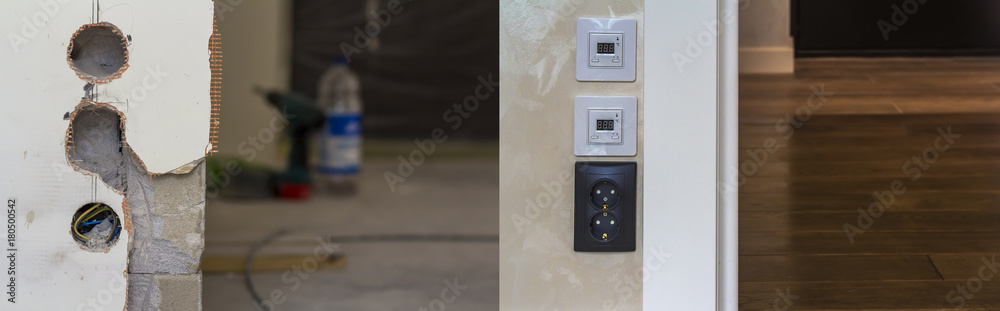Electric socket and warm floor heater control panels on the wall in new ...