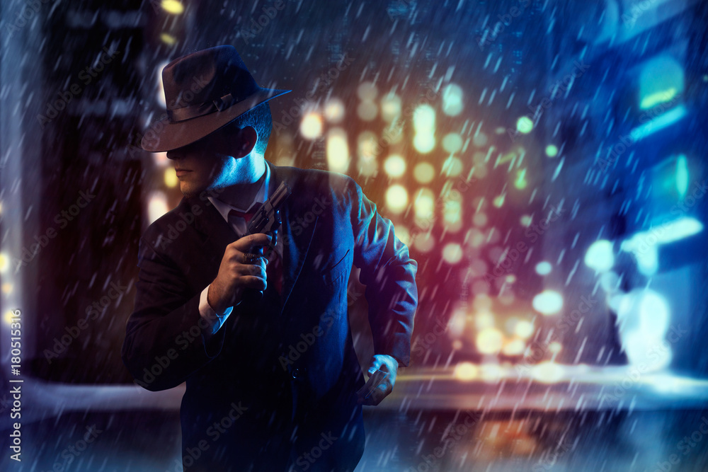 Mafia man with money, gun, hat & red tie searching enemies on noir city ...