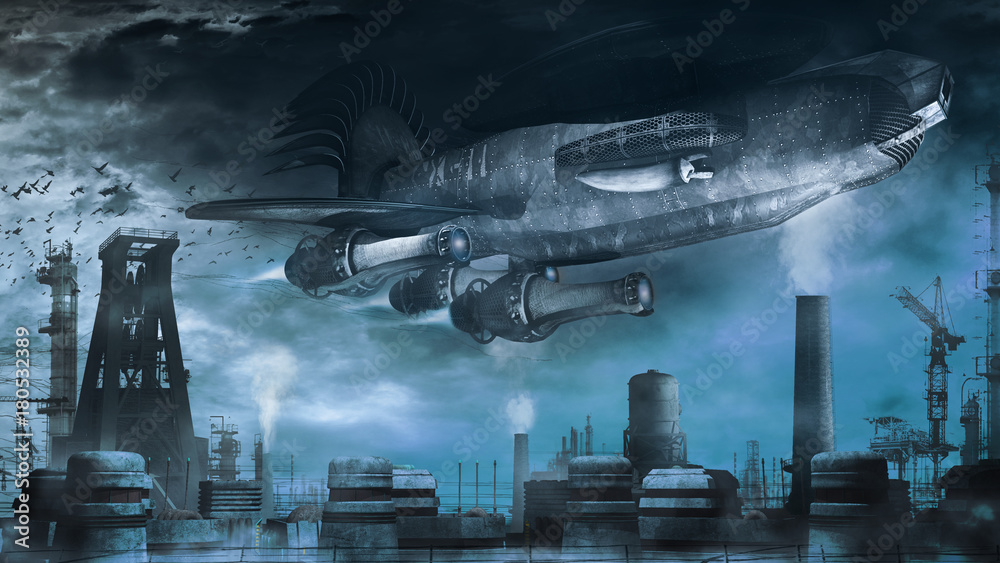 Flying machine over the factory Stock Illustration | Adobe Stock