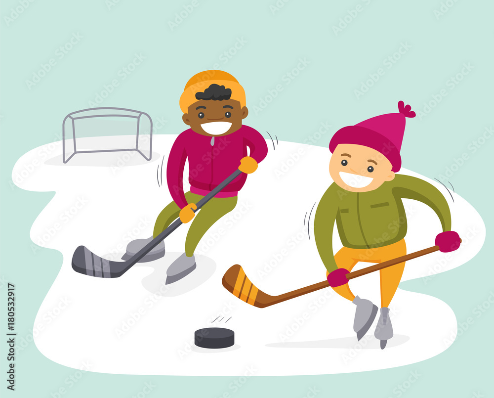 Two teenage african-american and caucasian boys playing ice hockey on ...