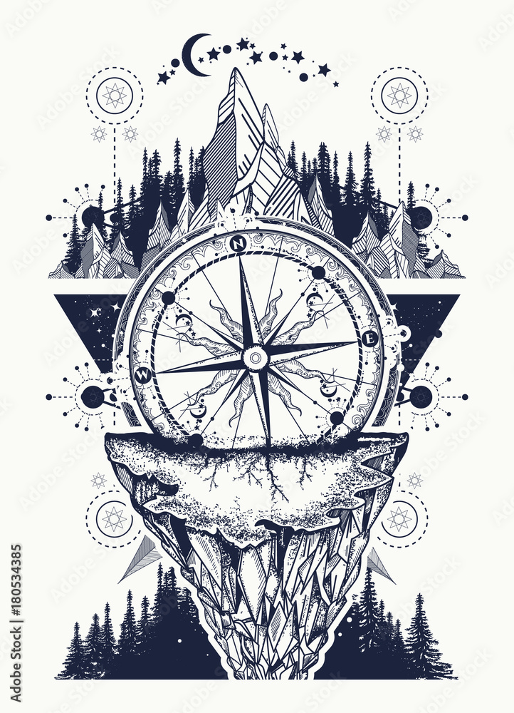 Compass, mountains and night forest boho style, t-shirt design ...